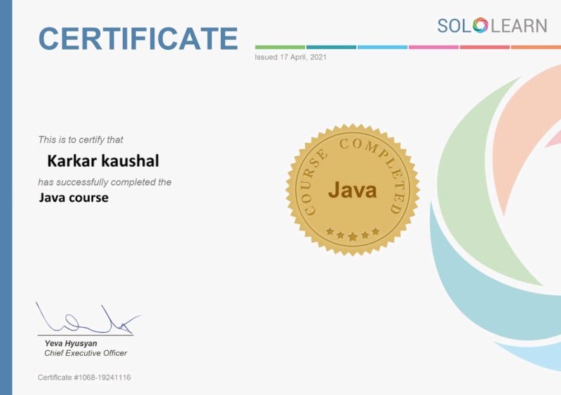 Kaushal Karkar on LinkedIn: Java programming certificate by SOLOLEARN Kaushal Karkar on LinkedIn: Java programming certificate by SOLOLEARN