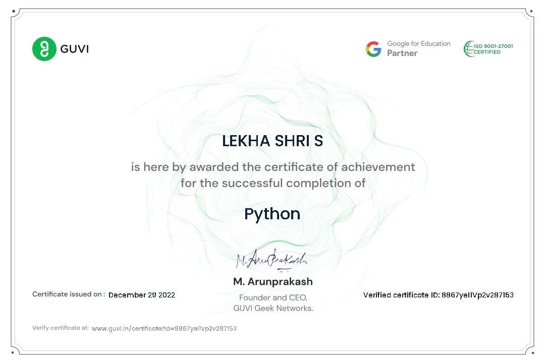 LEKHA SHRI S on LinkedIn: #python #guvi LEKHA SHRI S on LinkedIn: #python #guvi