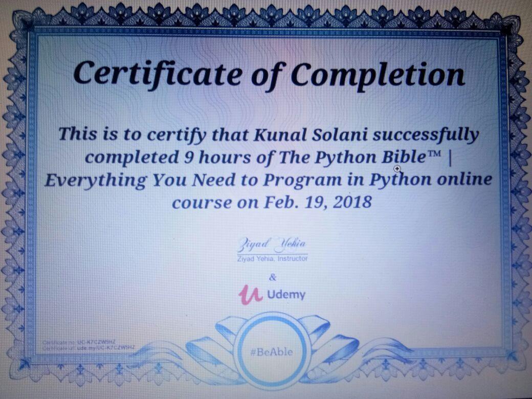 Kunal Solani on LinkedIn: Python programming certificate. Udemy certified. Kunal Solani on LinkedIn: Python programming certificate. Udemy certified.