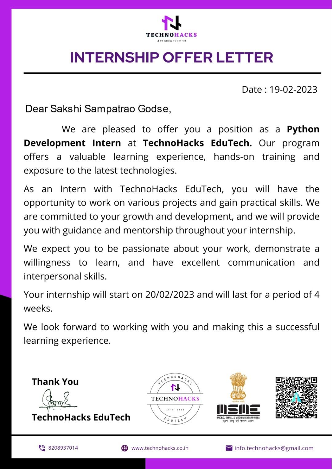 Sakshi Godse on LinkedIn: #connections #pythondeveloper #internship # ... Sakshi Godse on LinkedIn: #connections #pythondeveloper #internship # ...