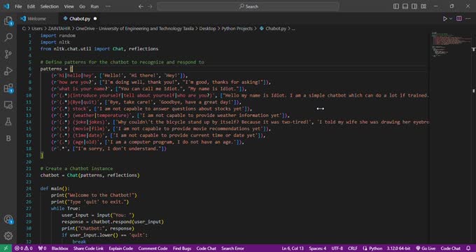 Worked on a chatbot with CodeAlpha | Zain Tahir posted on the topic ... Worked on a chatbot with CodeAlpha | Zain Tahir posted on the topic ...