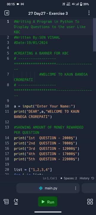 VISHAL SEN on LinkedIn: #kbc #python #programming VISHAL SEN on LinkedIn: #kbc #python #programming