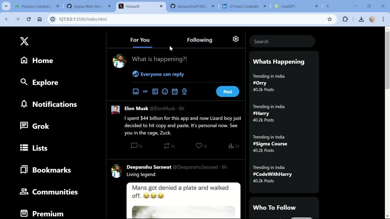 Introducing my Twitter Clone! | Deepanshu Saraswat posted on the topic ... Introducing my Twitter Clone! | Deepanshu Saraswat posted on the topic ...
