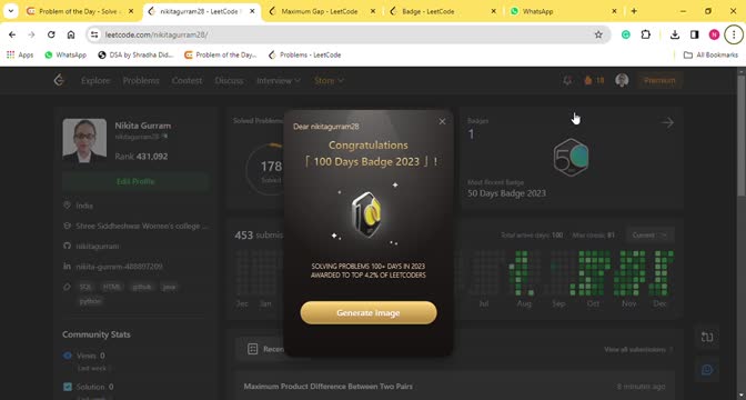 100-Day Badge in LeetCode 2023 | Nikita Gurram posted on the topic ... 100-Day Badge in LeetCode 2023 | Nikita Gurram posted on the topic ...