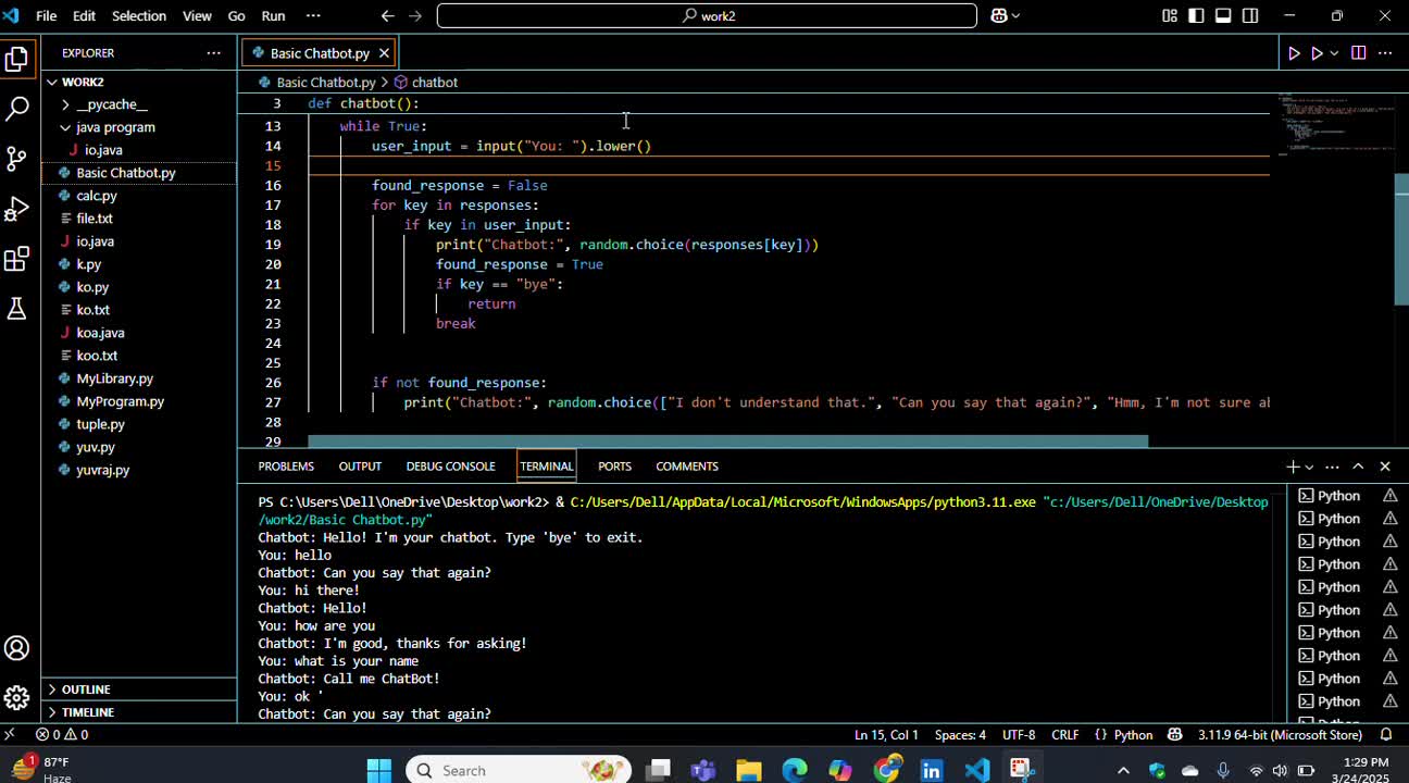 Chatbot using python programming Task 3 of internship 1st to 31th march ... Chatbot using python programming Task 3 of internship 1st to 31th march ...