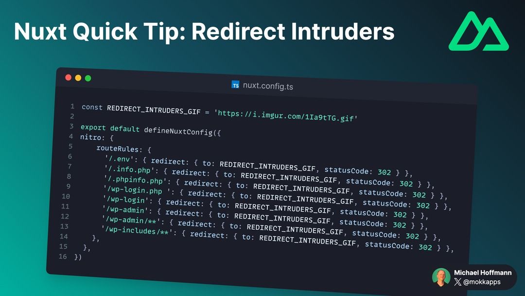 Michael Hoffmann on LinkedIn: 馃挕 Nuxt Quick Tip: Redirect Intruders 馃憠馃徎 ... Michael Hoffmann on LinkedIn: 馃挕 Nuxt Quick Tip: Redirect Intruders 馃憠馃徎 ...