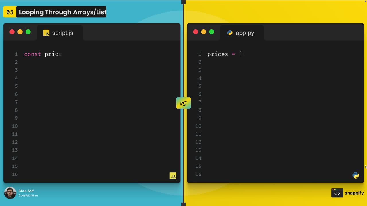 05 - Looping Through Arrays/Lists | JavaScript vs Python → JS… | Shan Asif 05 - Looping Through Arrays/Lists | JavaScript vs Python → JS… | Shan Asif