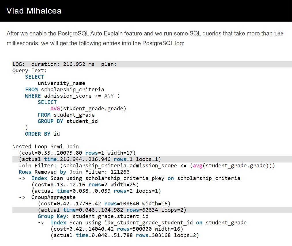 Vlad Mihalcea on LinkedIn: PostgreSQL Auto Explain https://lnkd.in/dJGPdNt5 Vlad Mihalcea on LinkedIn: PostgreSQL Auto Explain https://lnkd.in/dJGPdNt5