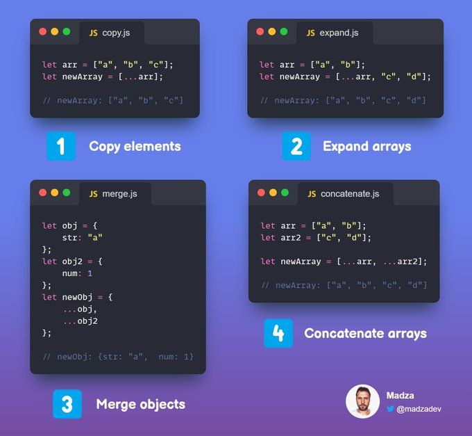JavaScript tip 💡 Spread operator use case examples 👇👇 | Madza 👨💻⚡ JavaScript tip 💡 Spread operator use case examples 👇👇 | Madza 👨💻⚡