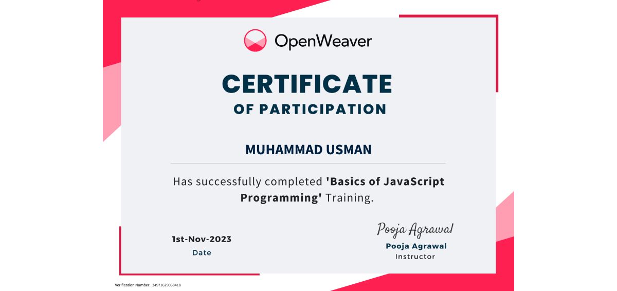 Completed JavaScript Bootcamp with Open Weaver | MUHAMMAD USMAN posted ... Completed JavaScript Bootcamp with Open Weaver | MUHAMMAD USMAN posted ...