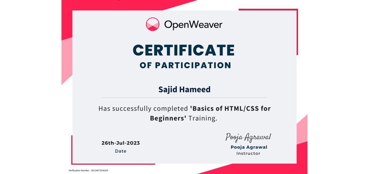 Completed HTML/CSS for Beginners course by Open Weaver | Sajid Hameed ... Completed HTML/CSS for Beginners course by Open Weaver | Sajid Hameed ...