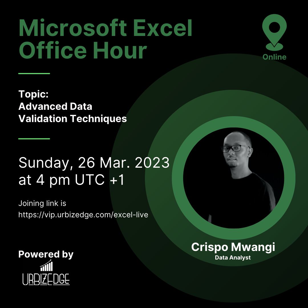 TOPIC: Advanced Data Validation techniques SPEAKER: Crispo Mwangi RSVP ... TOPIC: Advanced Data Validation techniques SPEAKER: Crispo Mwangi RSVP ...