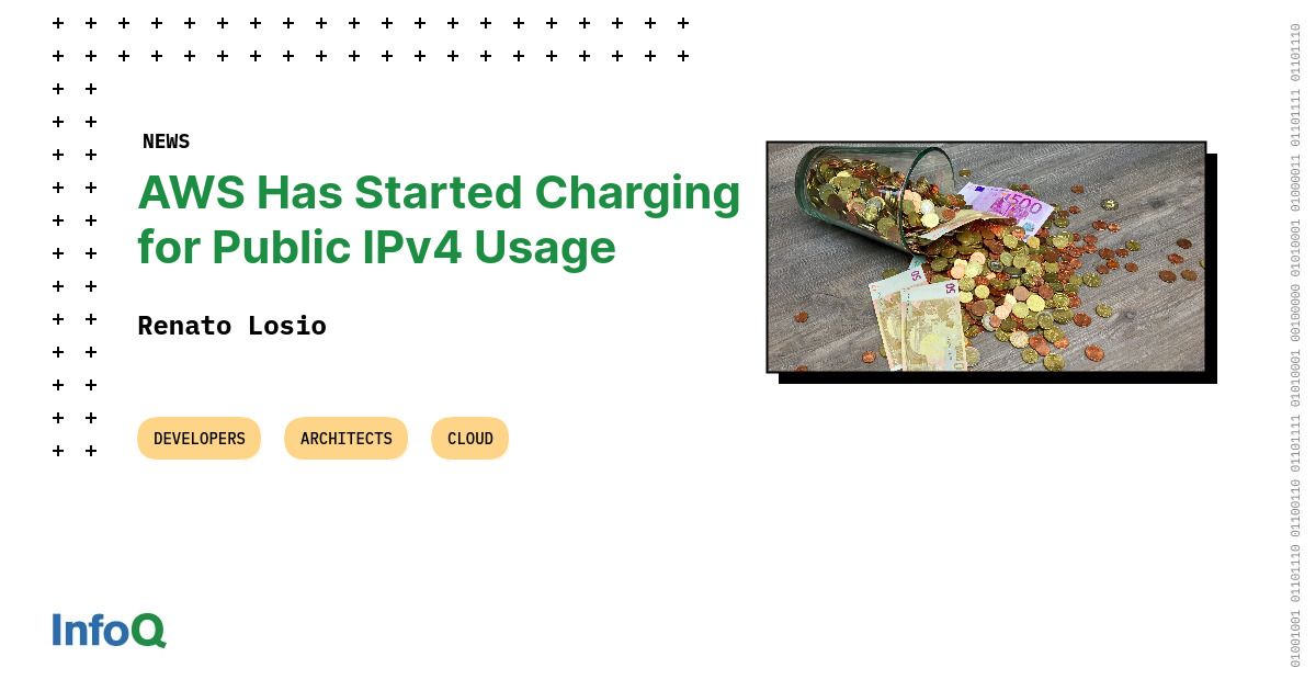 AWS charges USD 0.005 per hour for IPv4 addresses | InfoQ posted on the ... AWS charges USD 0.005 per hour for IPv4 addresses | InfoQ posted on the ...