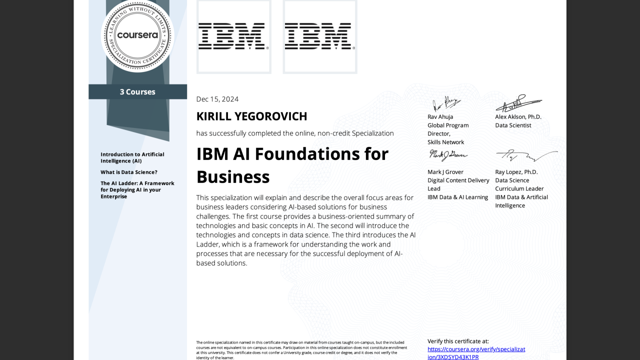 🚀IBM Specialization: AI Foundations for Business | Kirill Chekhlatov 🚀IBM Specialization: AI Foundations for Business | Kirill Chekhlatov