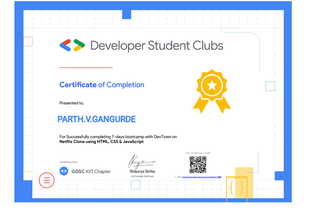 Netflix GDSC KIIT chapter certificate of completion | Parth Gangurde Netflix GDSC KIIT chapter certificate of completion | Parth Gangurde