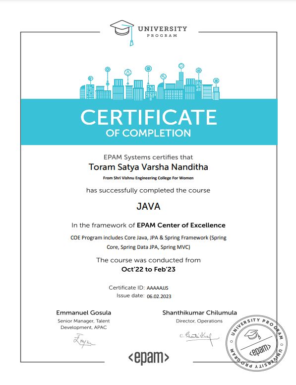 #training #java #epam | Satya Varsha Nanditha Toram #training #java #epam | Satya Varsha Nanditha Toram
