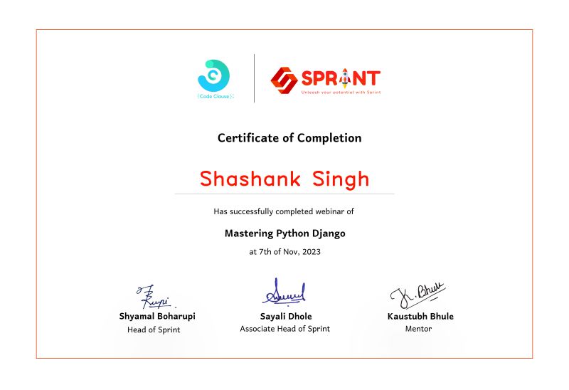 Completed Python Django webinar with Code Clause | Shashank Singh ... Completed Python Django webinar with Code Clause | Shashank Singh ...