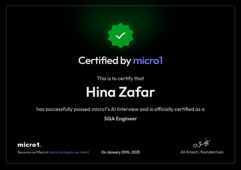I am happy to share my certification as SQA Engineer. | Hina Zafar I am happy to share my certification as SQA Engineer. | Hina Zafar