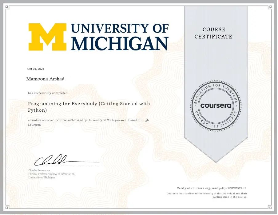 Mamoona Arshad on LinkedIn: #python #programming #universityofmichigan ... Mamoona Arshad on LinkedIn: #python #programming #universityofmichigan ...