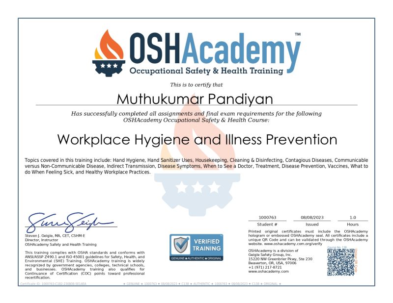 Muthu kumar BE ,MBA ,MIIRSM, M-MIHA,M-BOHS on LinkedIn: Completed the ... Muthu kumar BE ,MBA ,MIIRSM, M-MIHA,M-BOHS on LinkedIn: Completed the ...