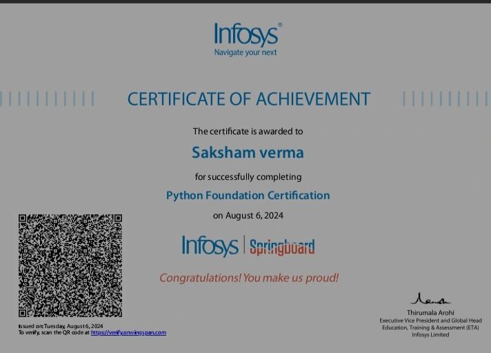 Saksham Verma on LinkedIn: #python #certification #infosys Saksham Verma on LinkedIn: #python #certification #infosys