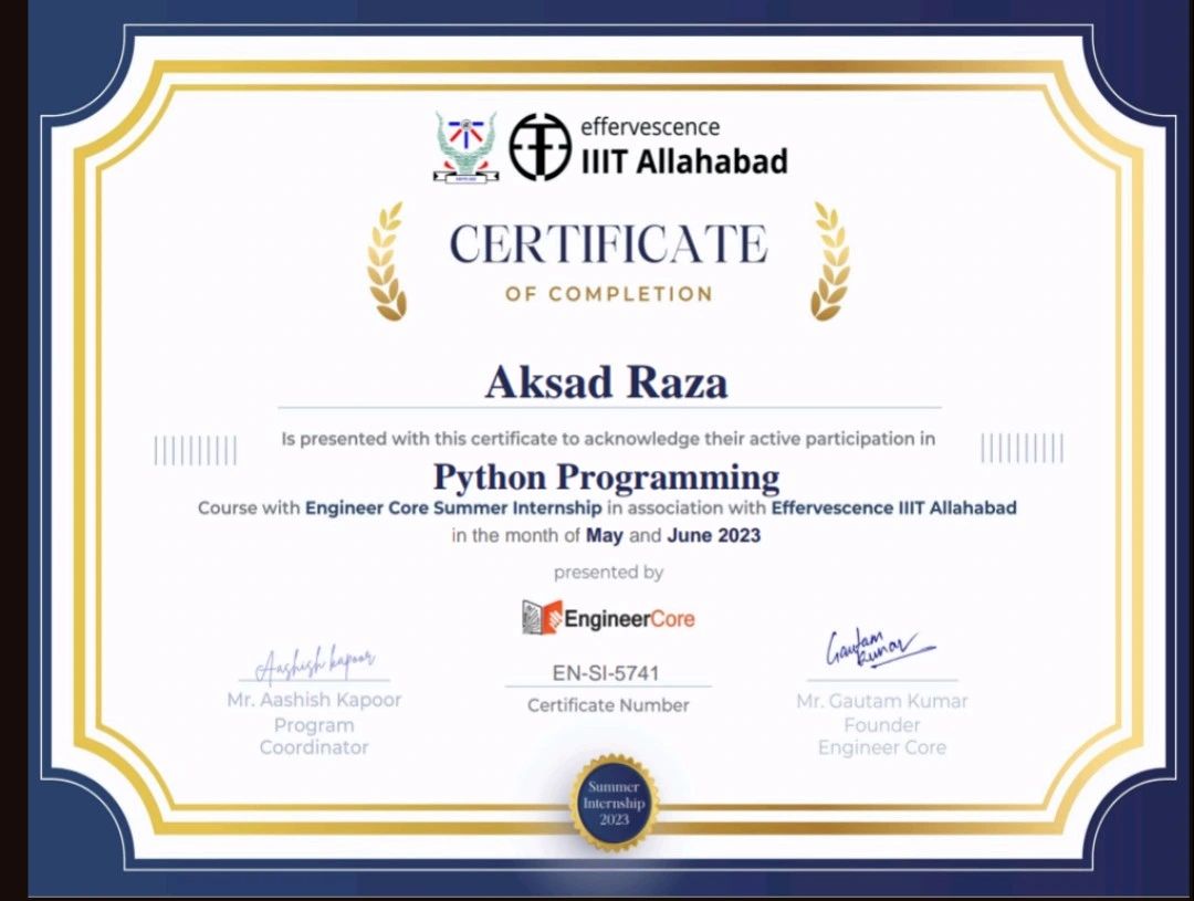 Earned python programming certificate at IIIT Allahabad | AKSAD RAZA ... Earned python programming certificate at IIIT Allahabad | AKSAD RAZA ...