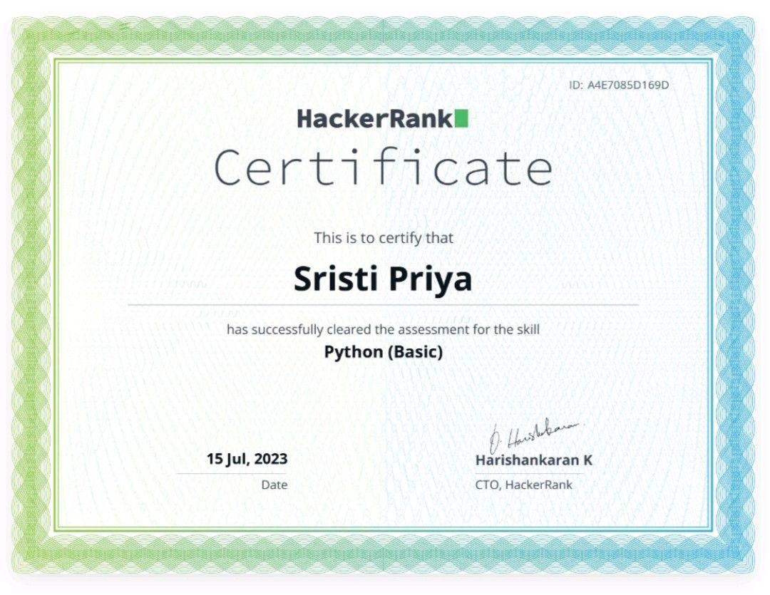 Sristi Priya on LinkedIn: #python #pythonprogramming #certificate # ... Sristi Priya on LinkedIn: #python #pythonprogramming #certificate # ...