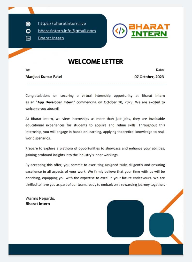 Manjeet Kumar Patel on LinkedIn: #bharatintern #internship #thankyou Manjeet Kumar Patel on LinkedIn: #bharatintern #internship #thankyou