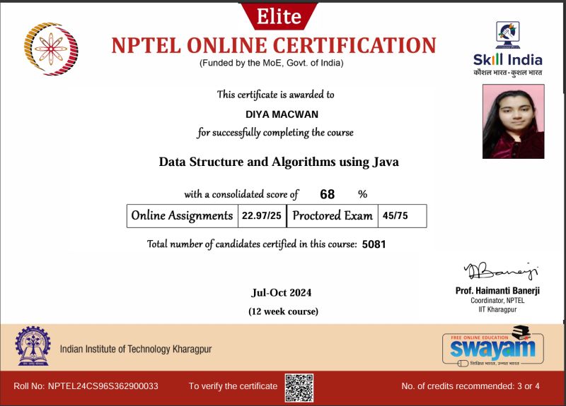 #nptel #datastructures #java #continuouslearning #achievement | Diya Macwan #nptel #datastructures #java #continuouslearning #achievement | Diya Macwan