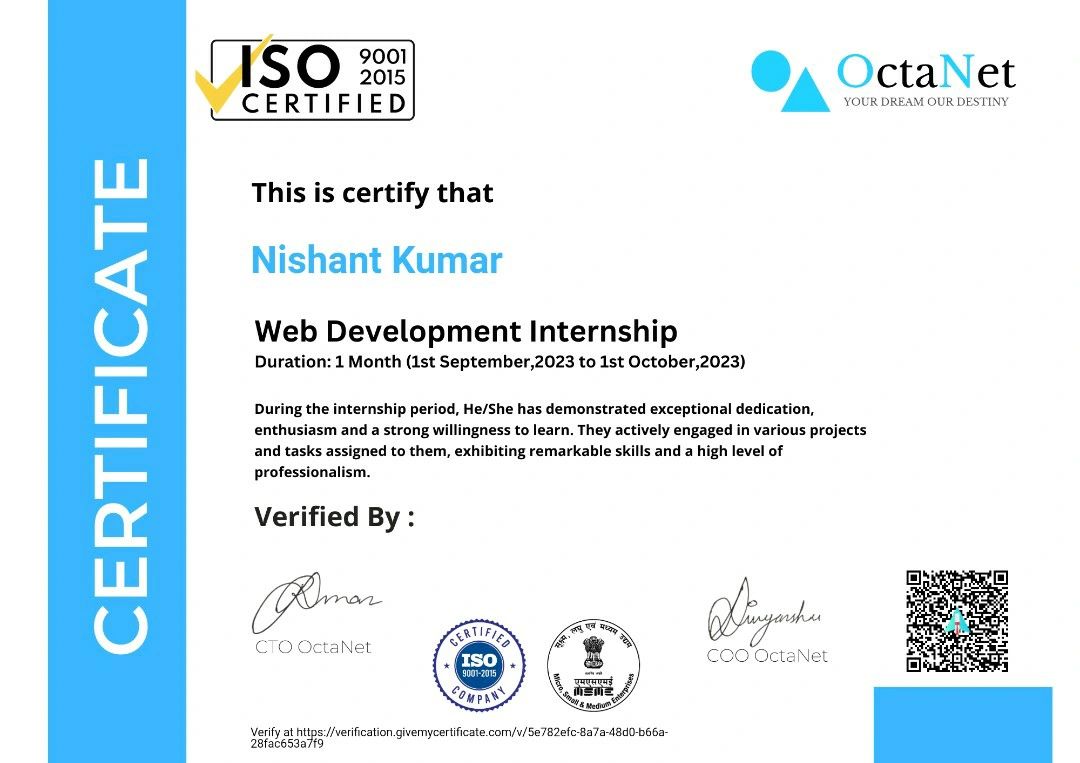 Nishant Kumar Gupta on LinkedIn: #internship #octanet #thankful Nishant Kumar Gupta on LinkedIn: #internship #octanet #thankful