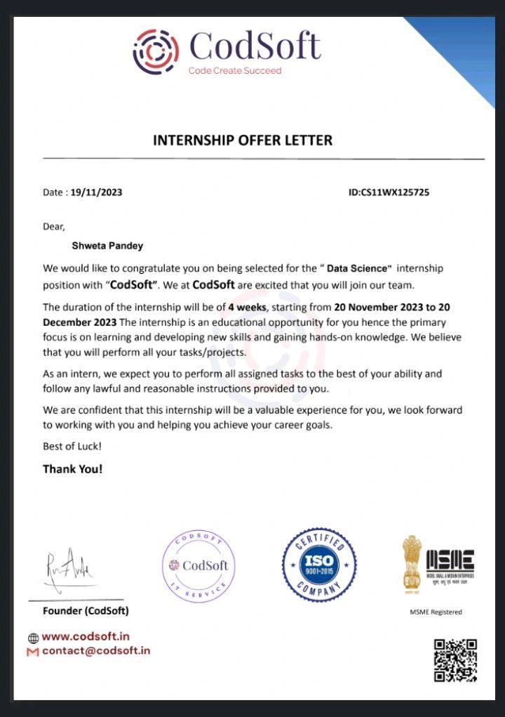 Shweta Pandey on LinkedIn: #datascience #internship #codsoftjourney Shweta Pandey on LinkedIn: #datascience #internship #codsoftjourney