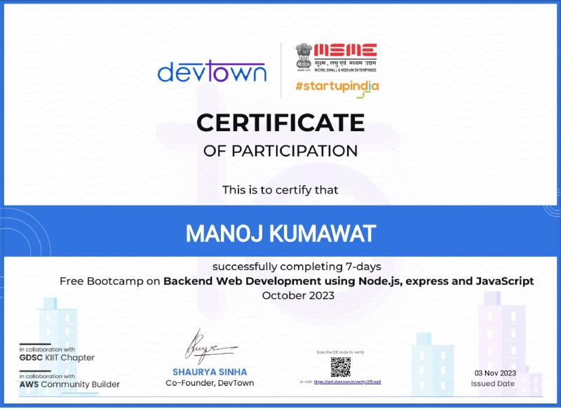 Manoj Kumawat on LinkedIn: #devtown #bootcamp #certificate #webdevelopment Manoj Kumawat on LinkedIn: #devtown #bootcamp #certificate #webdevelopment
