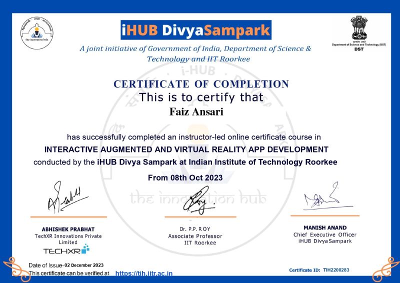 Faiz Ansari on LinkedIn: Certificate Of Completion An AR/VR APP DEVELOPER Faiz Ansari on LinkedIn: Certificate Of Completion An AR/VR APP DEVELOPER