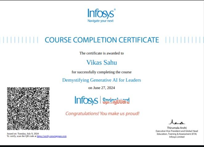 complete certificate Demystifying generative AI for leaders | Vikas Sahu complete certificate Demystifying generative AI for leaders | Vikas Sahu