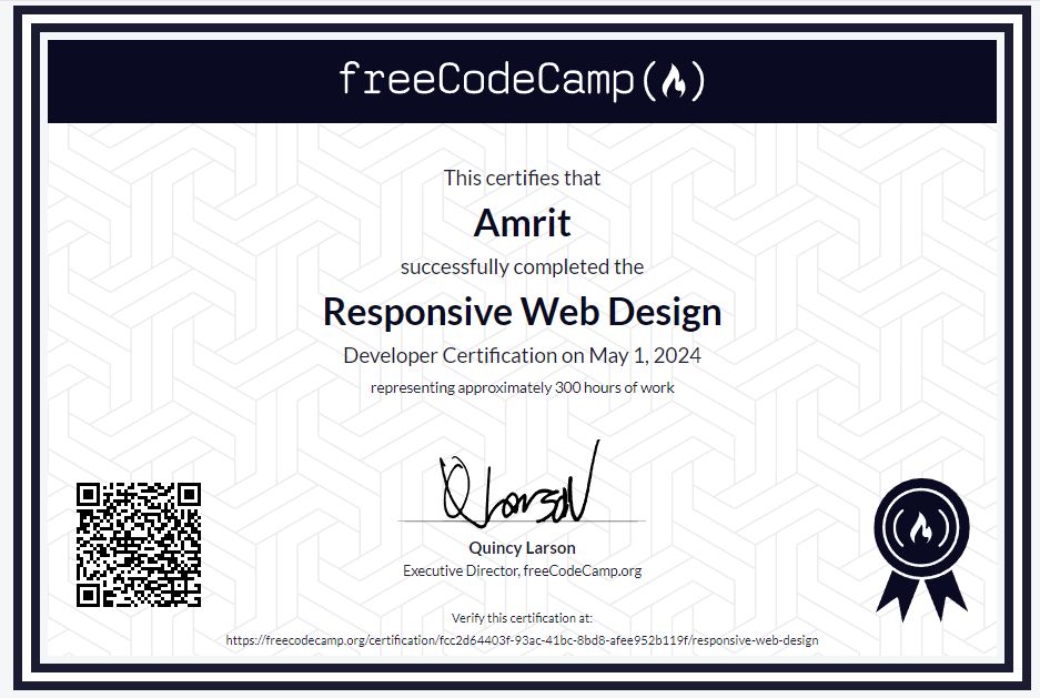 I Get a first certificate on freeCodeCamp | Amrit Jha I Get a first certificate on freeCodeCamp | Amrit Jha