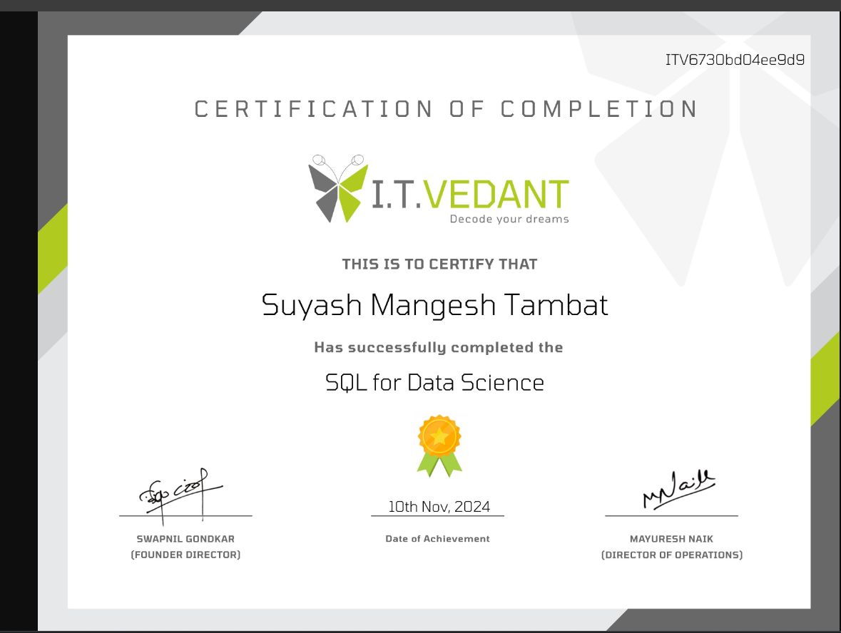 Suyash Tambat on LinkedIn: Completed SQL certification course, covering ... Suyash Tambat on LinkedIn: Completed SQL certification course, covering ...