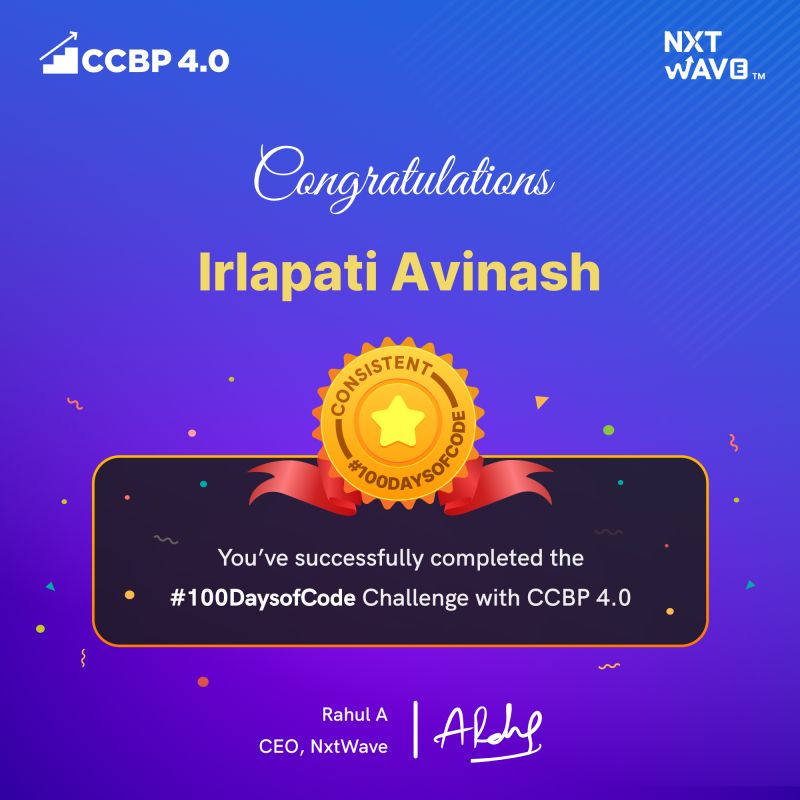 Avinash Irlapati on LinkedIn: #100daysofcode #python #ccbp #nxtwave # ... Avinash Irlapati on LinkedIn: #100daysofcode #python #ccbp #nxtwave # ...