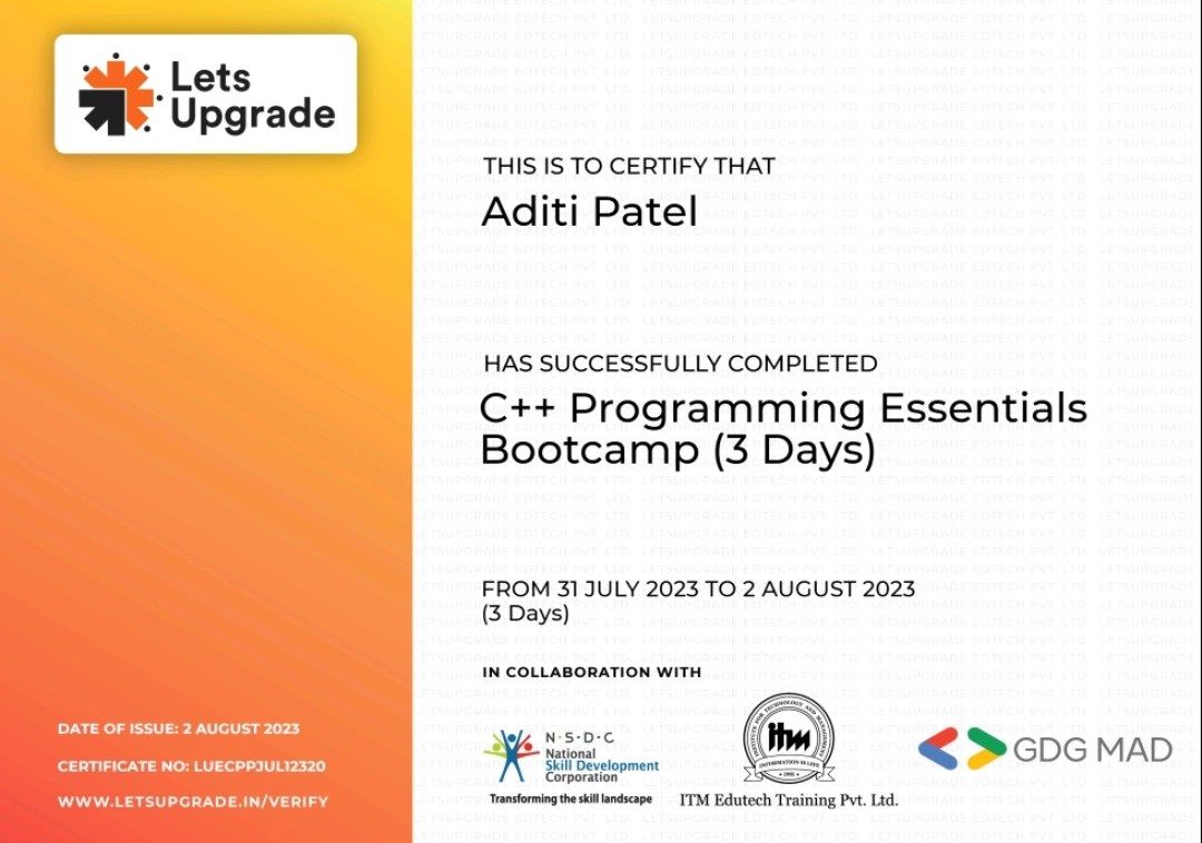 Aditi Patel on LinkedIn: #cplusplus #bootcamp #certificate #letsupgrade ... Aditi Patel on LinkedIn: #cplusplus #bootcamp #certificate #letsupgrade ...