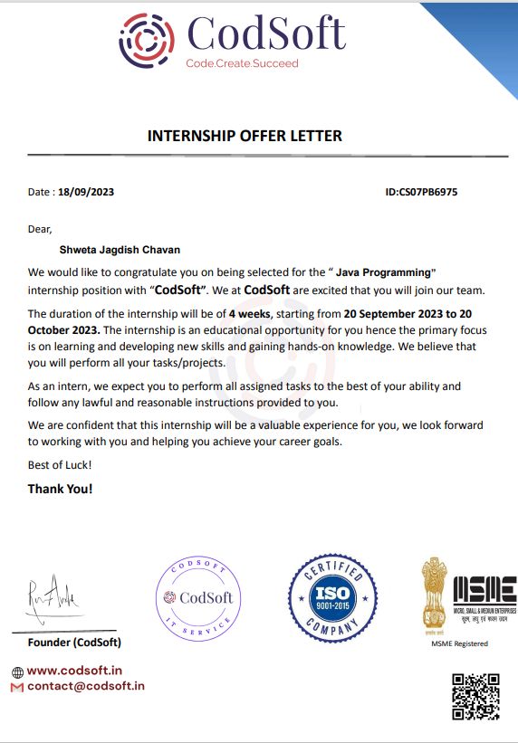 Shweta Chavan on LinkedIn: Thank you so much #codesoft for providing me ... Shweta Chavan on LinkedIn: Thank you so much #codesoft for providing me ...