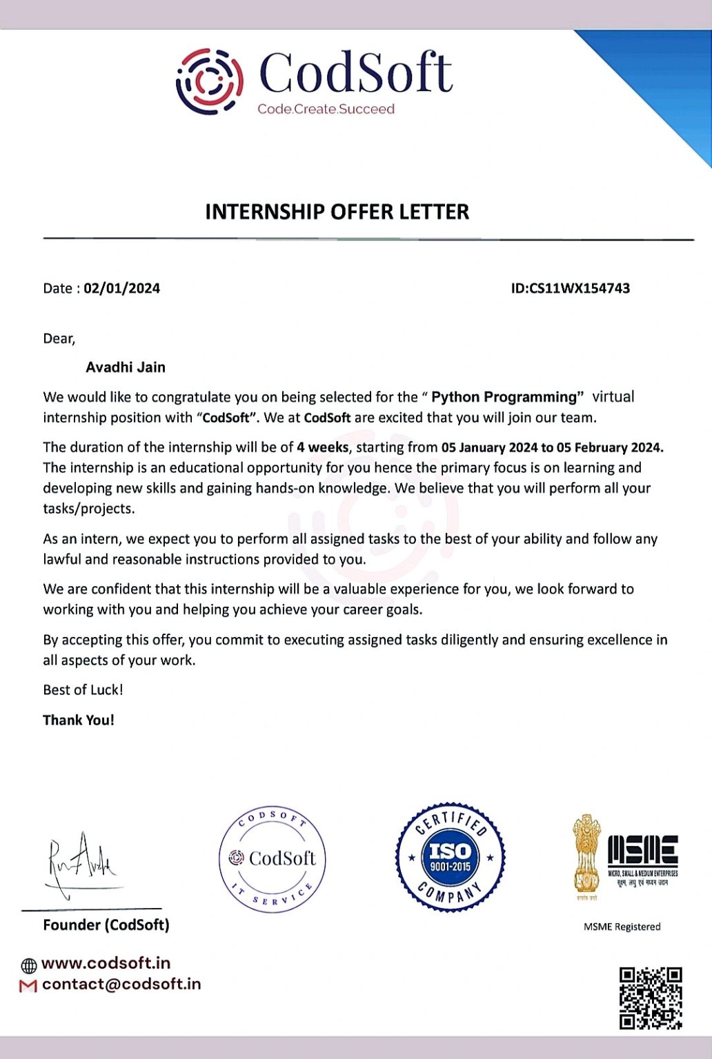 Avadhi Jain on LinkedIn: #codsoft #internship #pythonprogramming Avadhi Jain on LinkedIn: #codsoft #internship #pythonprogramming