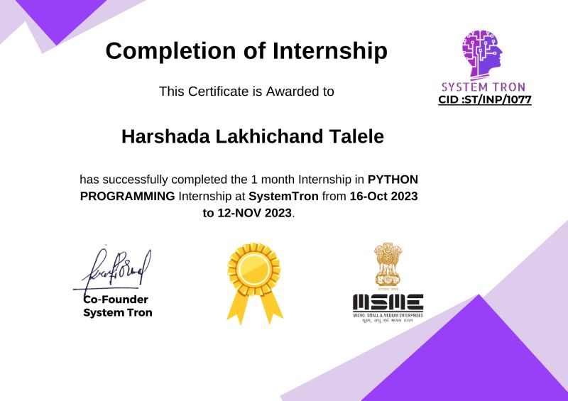 Harshada Talele on LinkedIn: #internship #pythonprogramming Harshada Talele on LinkedIn: #internship #pythonprogramming