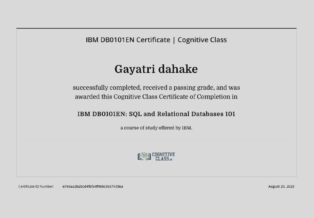 Gayatri Dahake on LinkedIn: #cognitiveclass #sql #sqlcertificate Gayatri Dahake on LinkedIn: #cognitiveclass #sql #sqlcertificate
