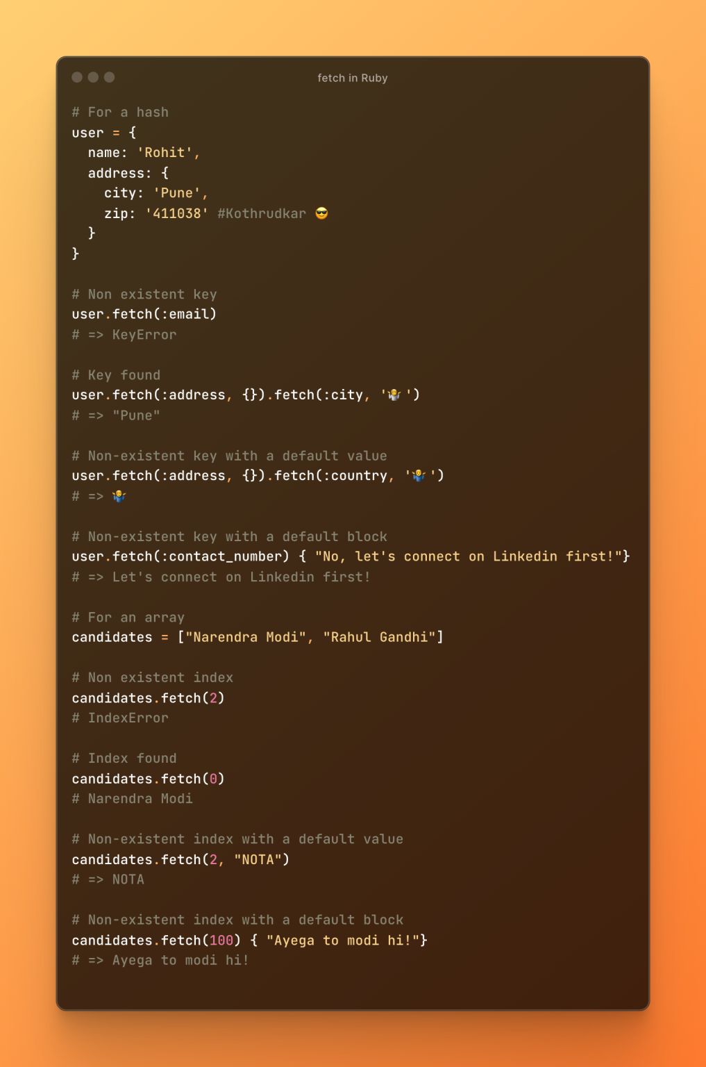 Day 18 of 50: Coding Tips for Ruby, JavaScript, and React 💻 Array#fetch ... Day 18 of 50: Coding Tips for Ruby, JavaScript, and React 💻 Array#fetch ...