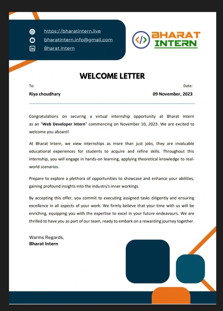 Riya Choudhary on LinkedIn: #webdevelopment #joboffer #bharatintern # ... Riya Choudhary on LinkedIn: #webdevelopment #joboffer #bharatintern # ...