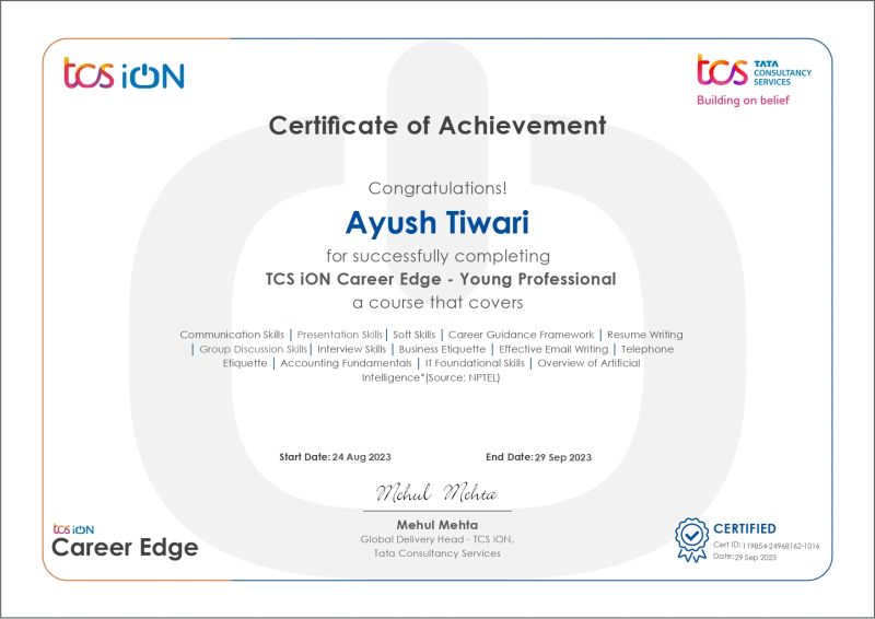 Ayush Tiwari on LinkedIn: I have successfully completed TCS iON Career ... Ayush Tiwari on LinkedIn: I have successfully completed TCS iON Career ...