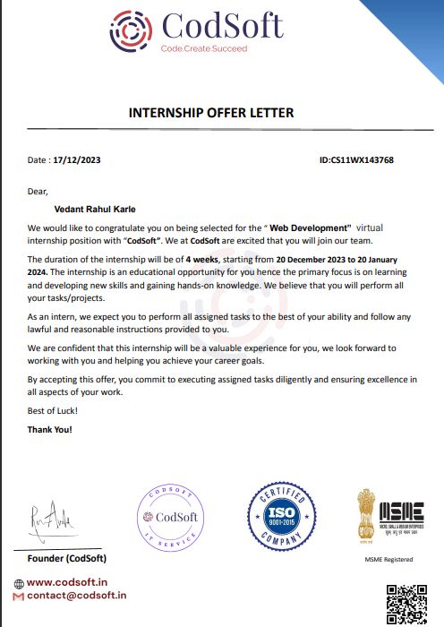 Vedant Karle on LinkedIn: #codsoftinternship #codsoft #internship # ... Vedant Karle on LinkedIn: #codsoftinternship #codsoft #internship # ...