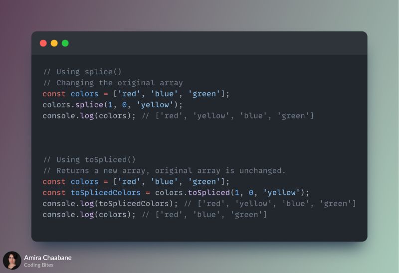 Introducing 'toSpliced()' in ES2023 | Amira Chaabane posted on the ... Introducing 'toSpliced()' in ES2023 | Amira Chaabane posted on the ...