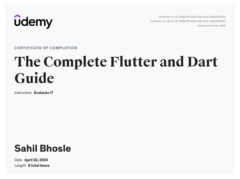 Completed Flutter and Dart course | Sahil Bhosale posted on the topic ... Completed Flutter and Dart course | Sahil Bhosale posted on the topic ...