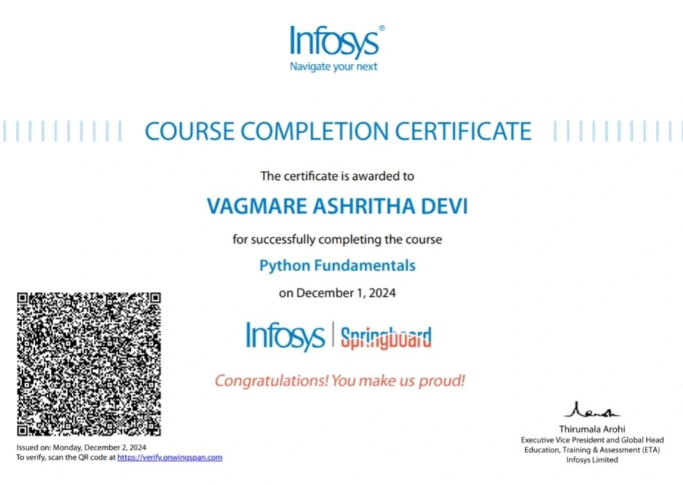 Vagmare Ashritha Devi on LinkedIn: #python #infosys Vagmare Ashritha Devi on LinkedIn: #python #infosys