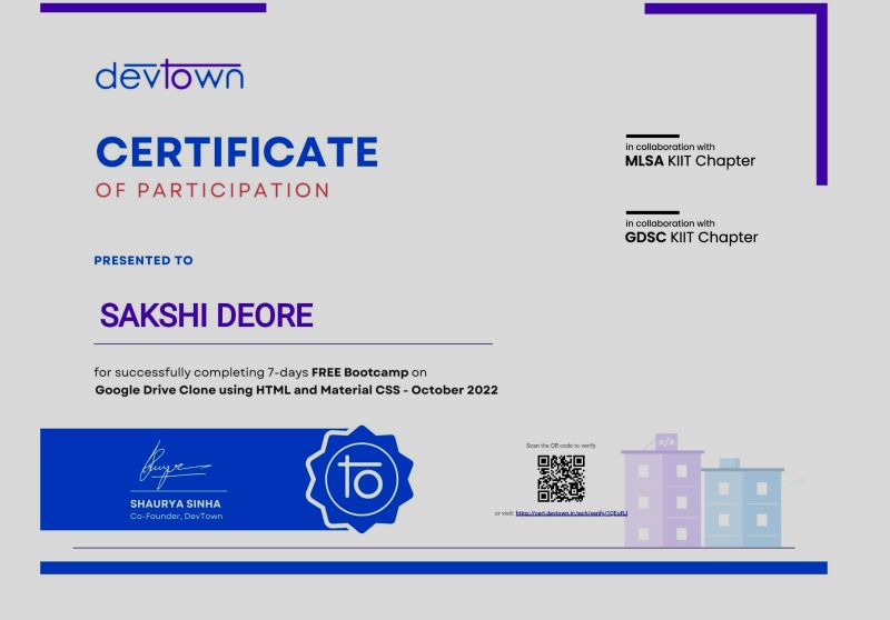 #googledriveclone #devtown #bootcamp #learning #certificate | Sakshi Deore #googledriveclone #devtown #bootcamp #learning #certificate | Sakshi Deore